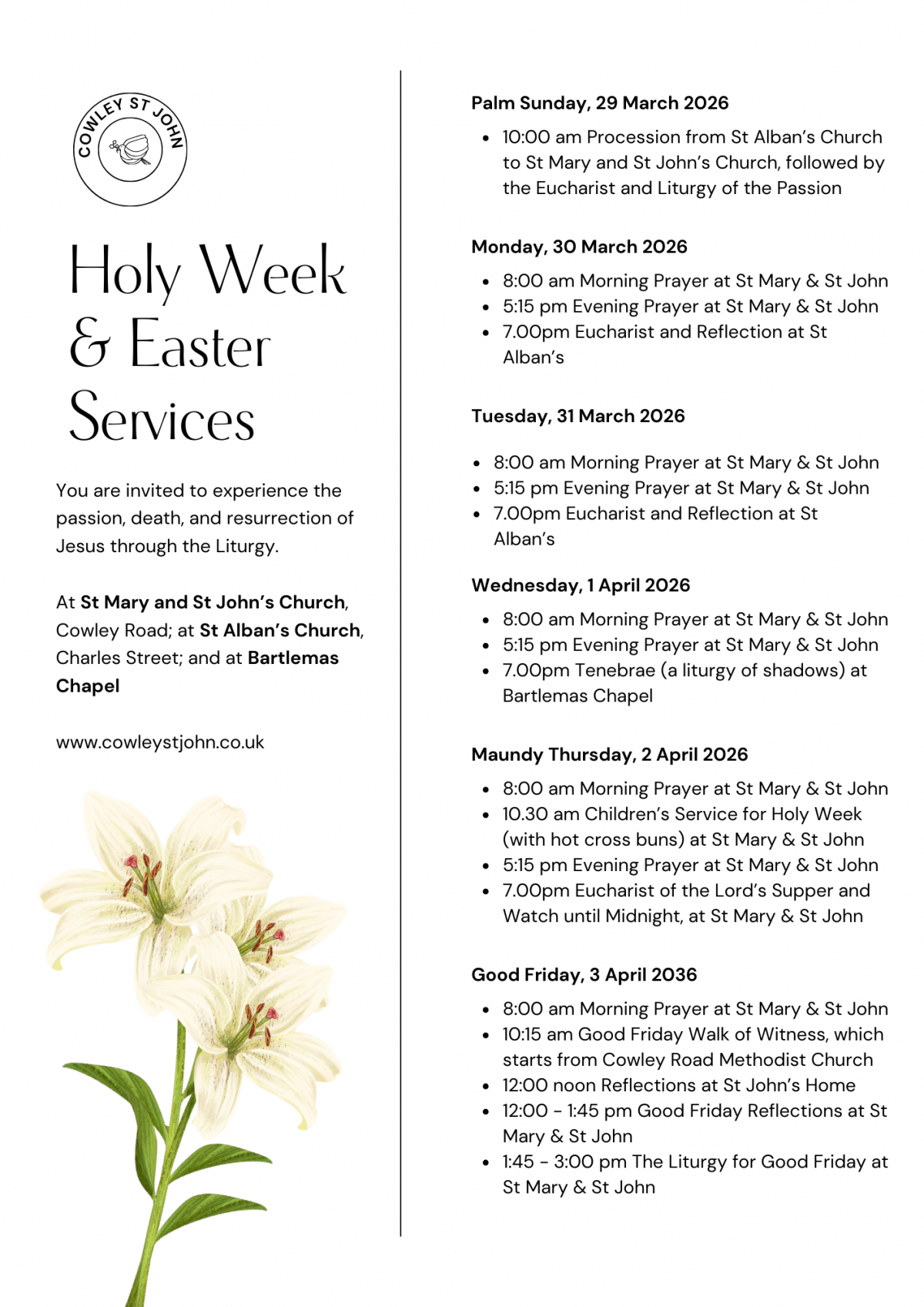 Holy Week and Easter Services 2026 – Cowley St John
